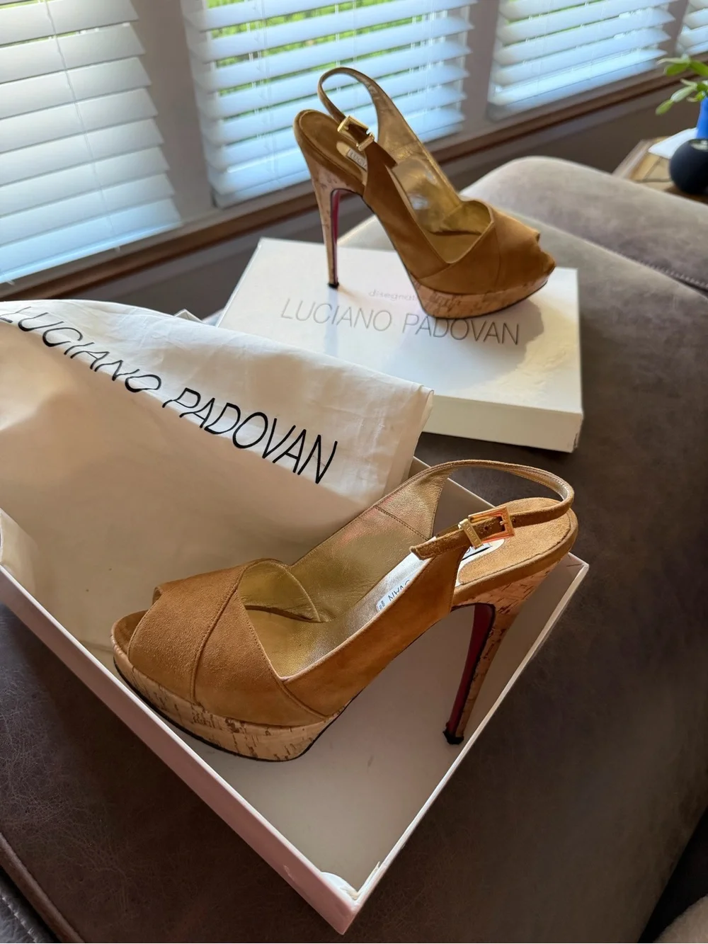 Luciano Padovan | Shoes | Tan Suede Cork Platform Slingback Heels ...
